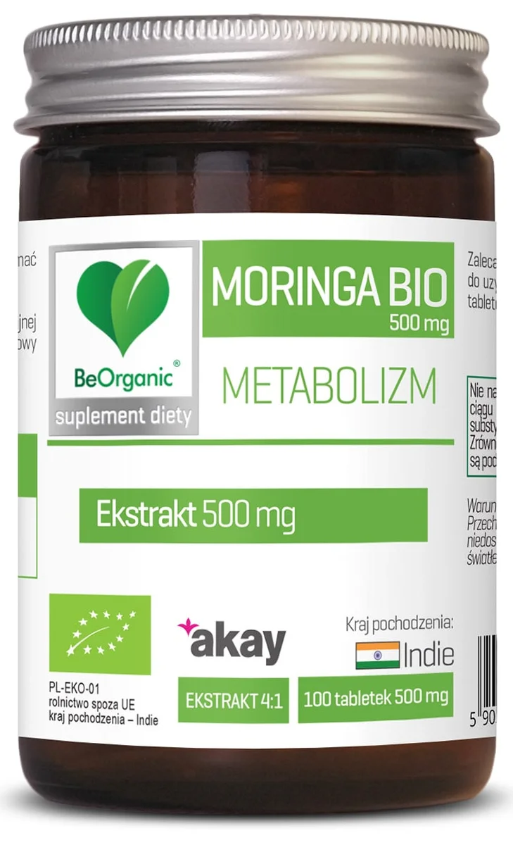 BeOrganic, Moringa ekstrakt BIO, 500 mg, tabletki, 100 sztuk - melisa.pl