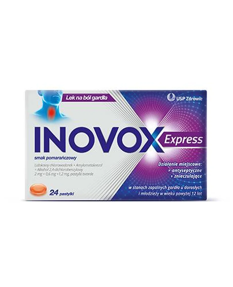 Inovox Express 2 mg + 0,6 mg + 1,2 mg na gardło smak pomarańczowy 24 ...