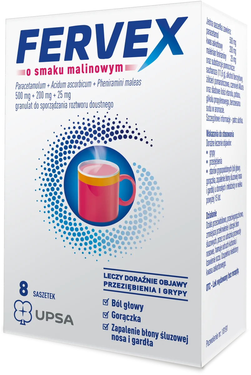 Fervex 500 mg + 25 mg + 200 mg lek na objawy przeziębienia i grypy smak ...
